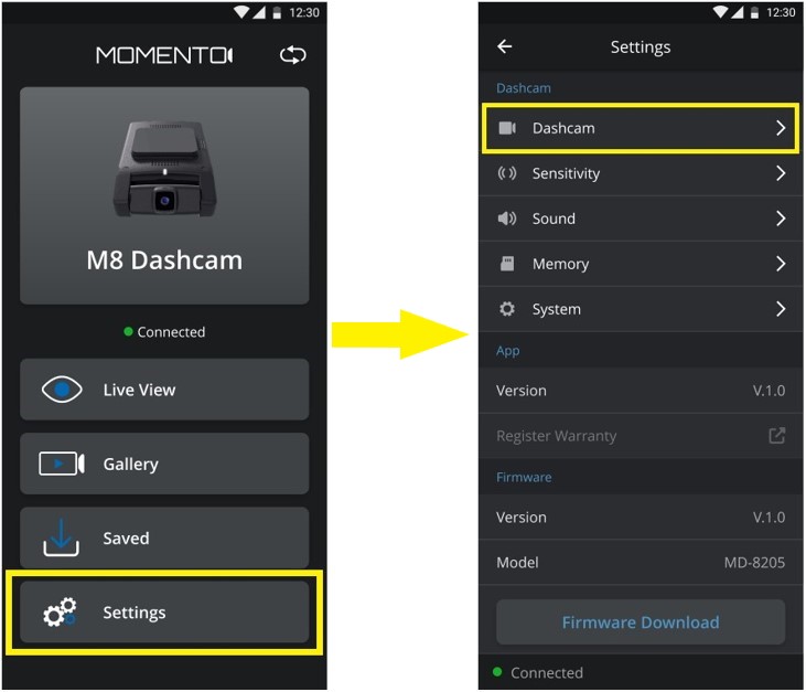 Dash Cam Settings for Momento M8